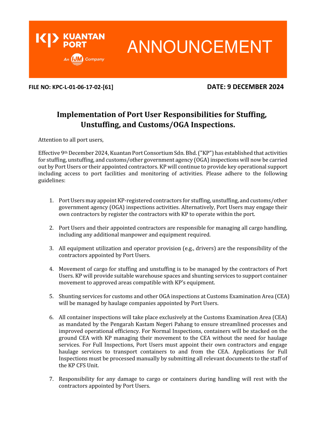 Implementation of Port User Responsibilities for Stuffing, Unstuffing ...